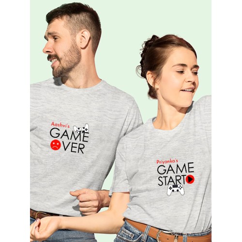 Buy Customized Couple T-Shirt Online - Game Start Game Over Theme with Name