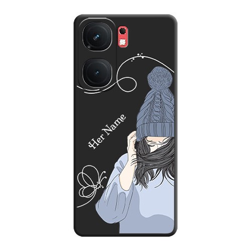 Buy Girl With Blue Winter Outfiit Custom Text Design On Space Black Personalized Soft Matte ...