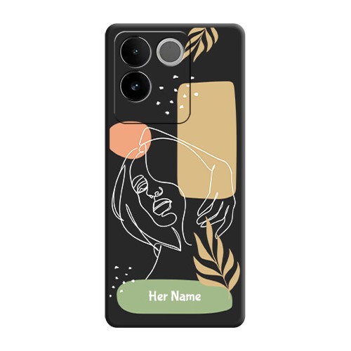 Buy Custom Text With Line Art Of Women & Leaves Design On Space Black Personalized Soft Matte ...